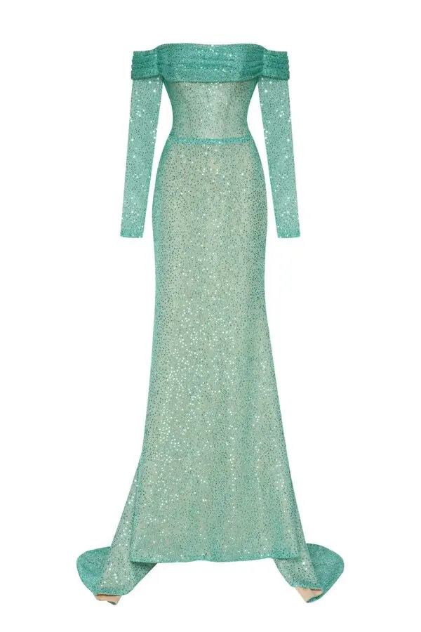 Milla Sparkling Off-The-Shoulder Trumpet Gown In Mint Green - 60% Off |  Editorialist