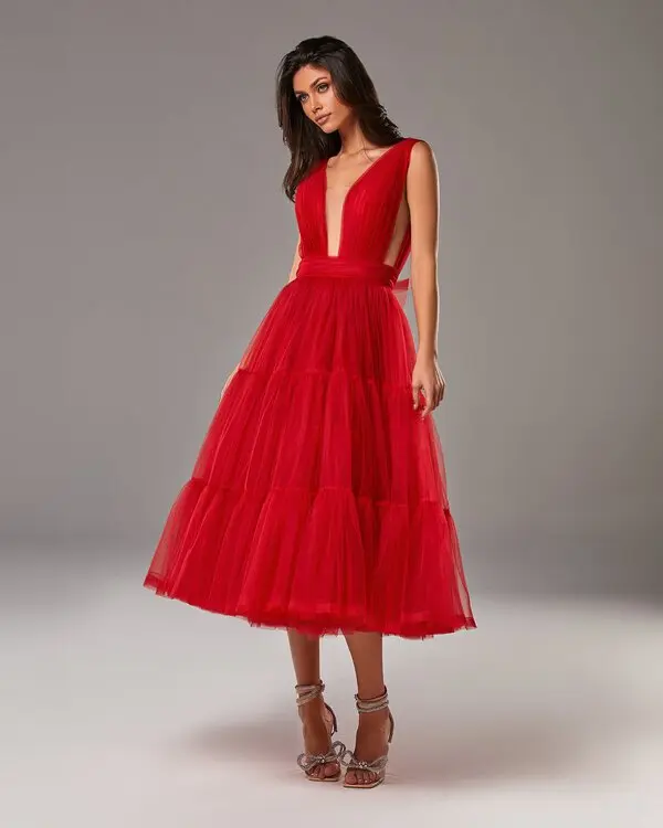 MILLA Tulle Midi Dress With Plunging Neckline And Cut Outs
