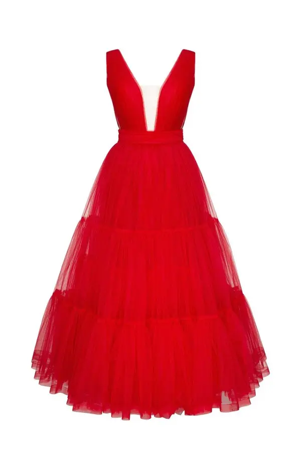 MILLA Tulle Midi Dress With Plunging Neckline And Cut Outs