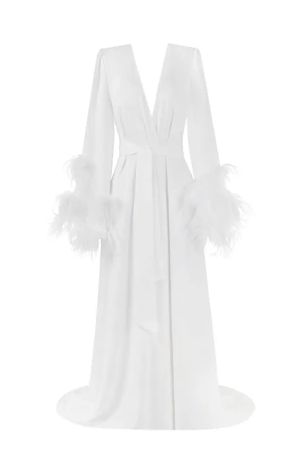 MILLA Feather-trimmed Satin Robe