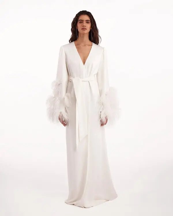 MILLA Feather-trimmed Satin Robe