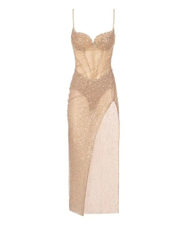 Milla Sensational Champagne Crystal-Embellished Maxi Dress In Gold - 40%  Off | Editorialist