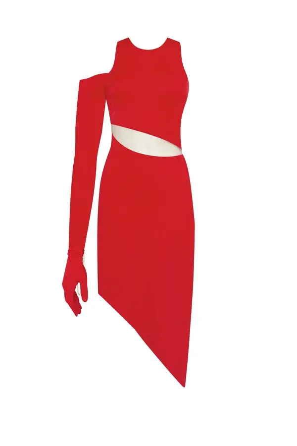 MILLA Asymmetric Lycra Midi Dress With Detachable Glove