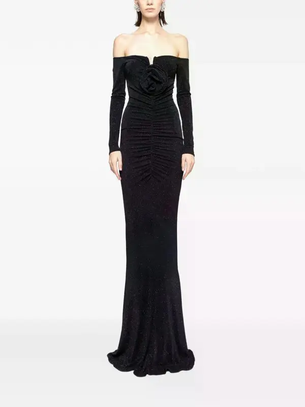 NISSA Floral Appliqué Ruched Maxi Dress