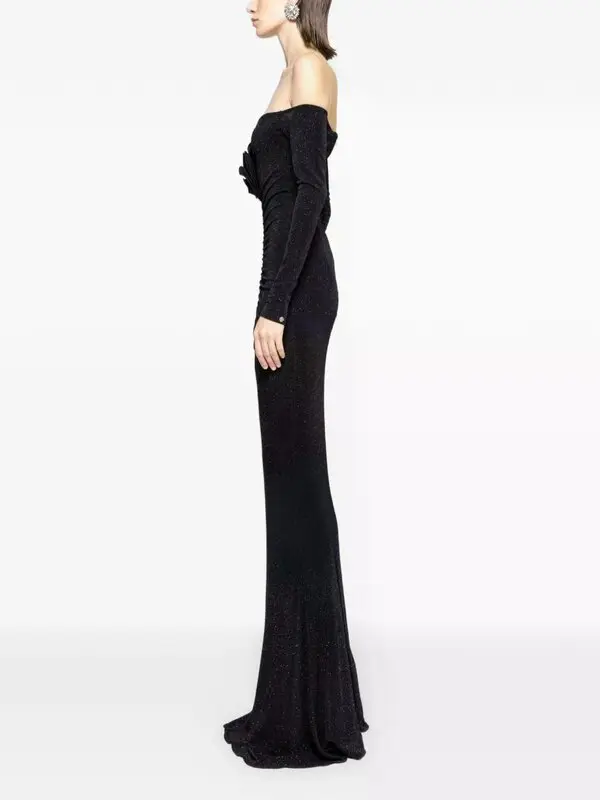 NISSA Floral Appliqué Ruched Maxi Dress