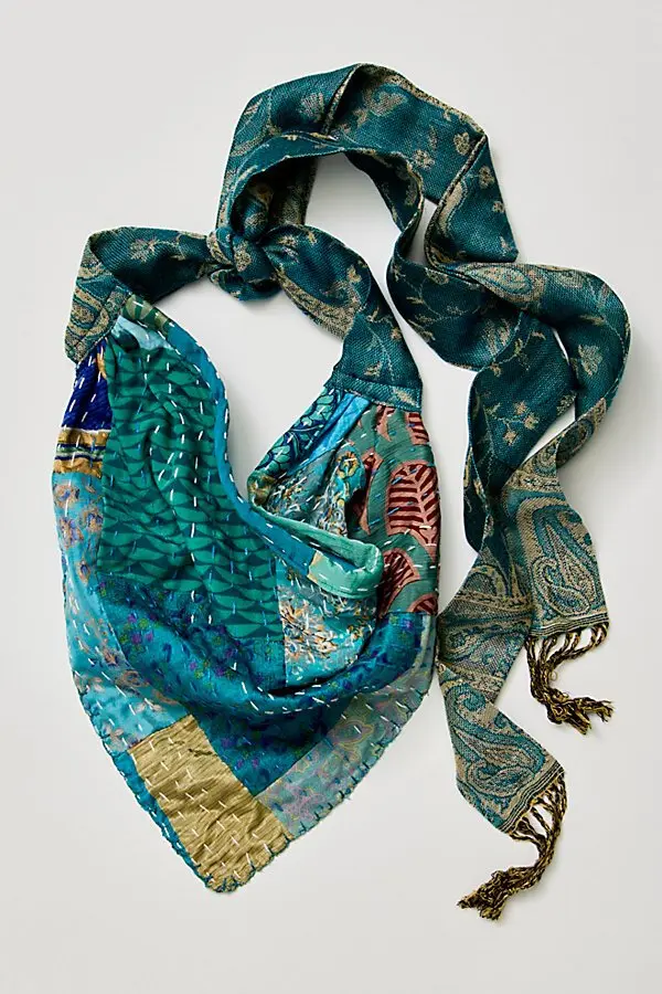 CURRIED MYRRH One Of A Kind Kantha Hair Scarf - Aqua