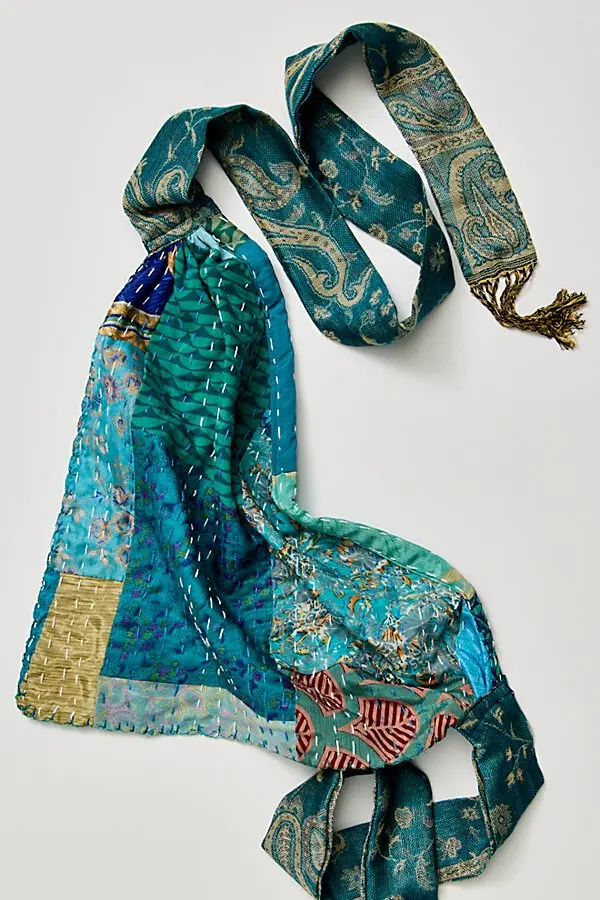 Curried Myrrh One Of A Kind Kantha Hair Scarf - Aqua  display picture 3