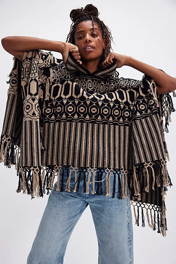 Free People Printed Cotton Poncho With Fringe