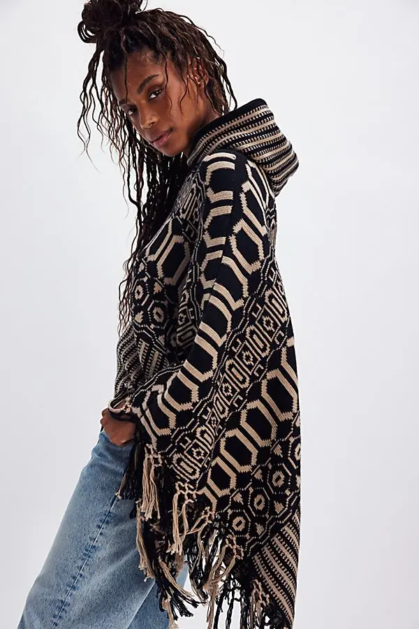 Free People Printed Cotton Poncho With Fringe