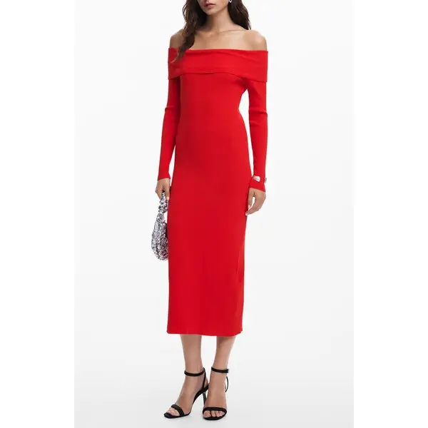 Desigual Off-The-Shoulder Long Sleeve Sweater Dress In Red - 40% Off |  Editorialist