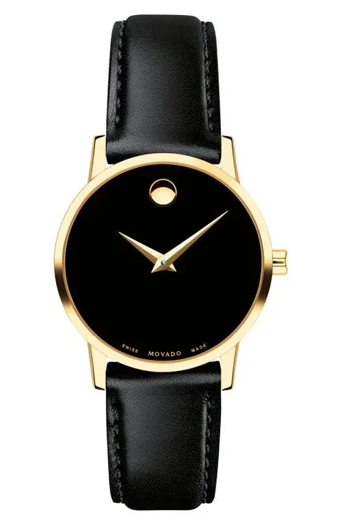 Movado Leather Strap Watch - Black/ Gold