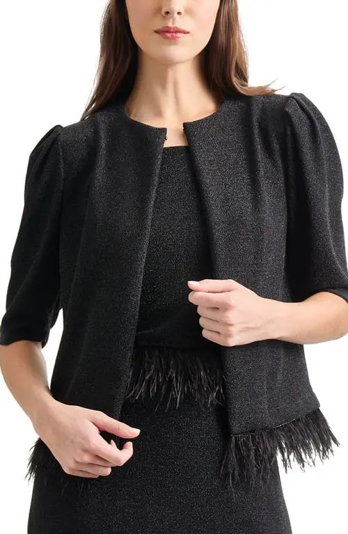 Misook Sparkle Feather Trim Jacket