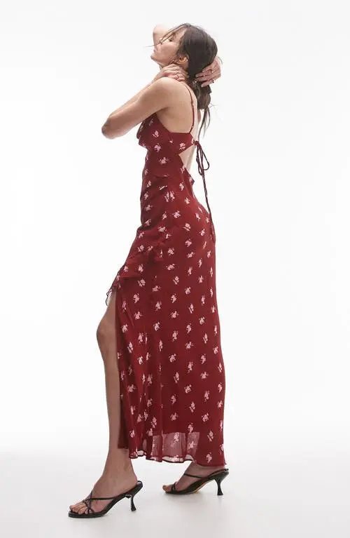 white christmas dresses Topshop Cut Out Waist Floral Print Tiered Occasion Midi Dress In Burgundy