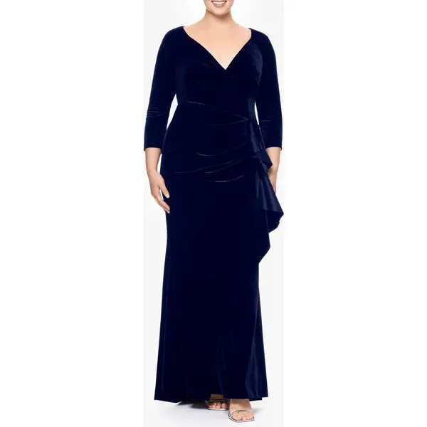 XSCAPE EVENINGS Ruffle Stretch Velvet Gown