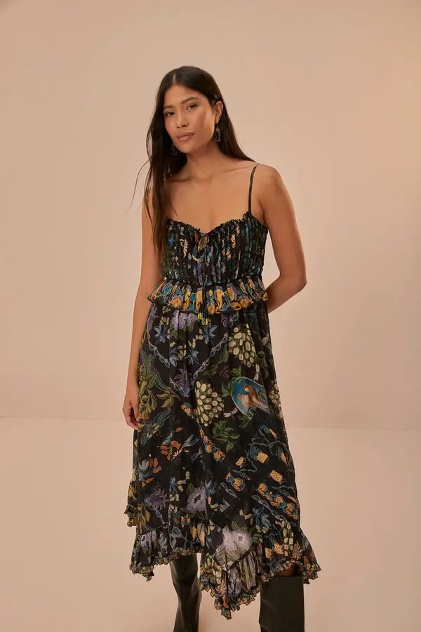 Farm Rio Winter Garden Pleated Lace Midi Dress