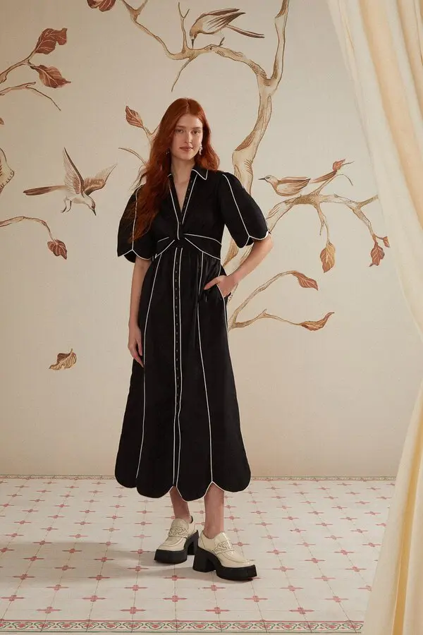 Farm Rio Short Sleeve Midi Shirt Dress - Black And White