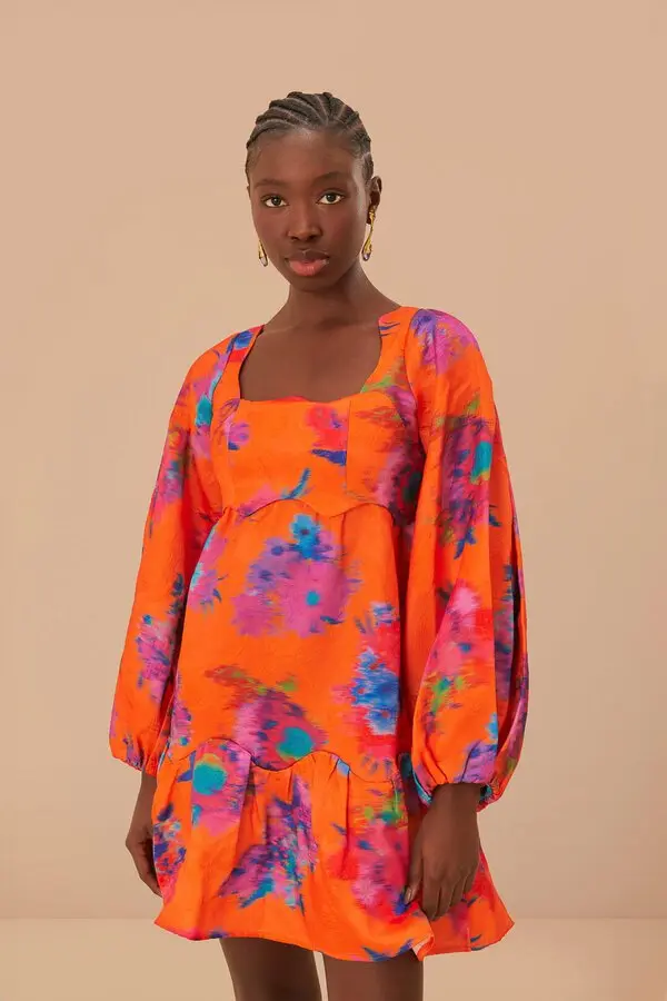 Farm Rio Orange Bouquet Ikat Brocade Mini Dress