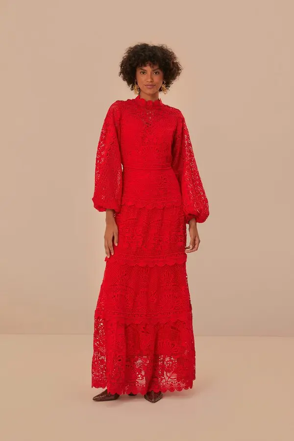 Farm Rio Guipure Lace Maxi Dress In Red - 10% Off | Editorialist