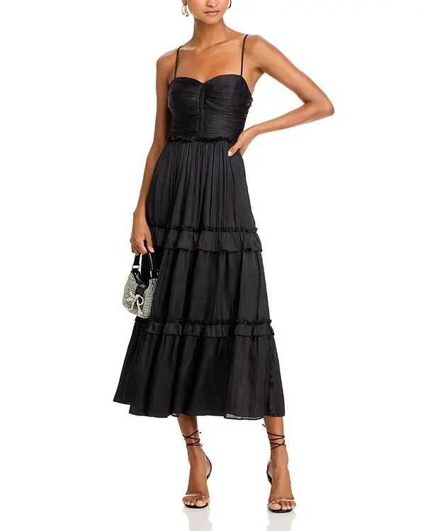 Aqua Ruched Ruffled Midi Dress - Black