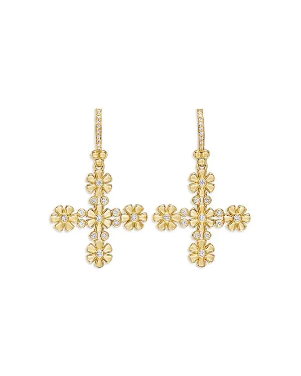 Temple St. Clair 18k Yellow Diamond Fiori Cross Hoop Earrings - Gold
