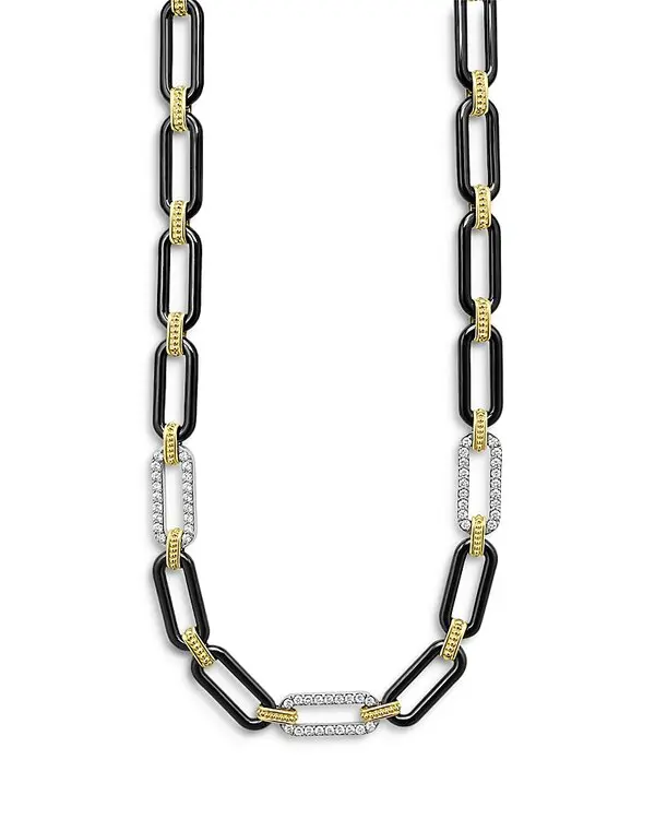 Lagos 18k Gold, Diamond & Ceramic Caviar Station Link Necklace - Black/white