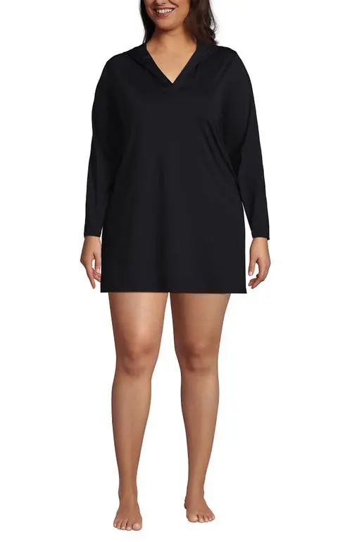 LANDS' END Cotton Jersey Long Sleeve Hooded Swim Cover-up Mini Dress - Black