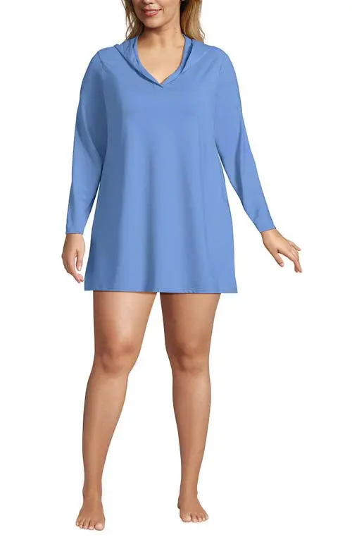 LANDS' END Cotton Jersey Long Sleeve Hooded Swim Cover-up Mini Dress - Lake Blue