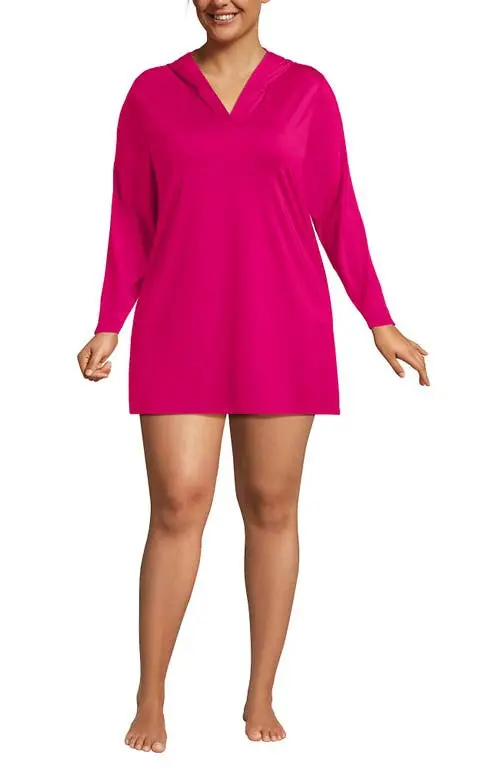 LANDS' END Cotton Jersey Long Sleeve Hooded Swim Cover-up Mini Dress - Riviera Rose