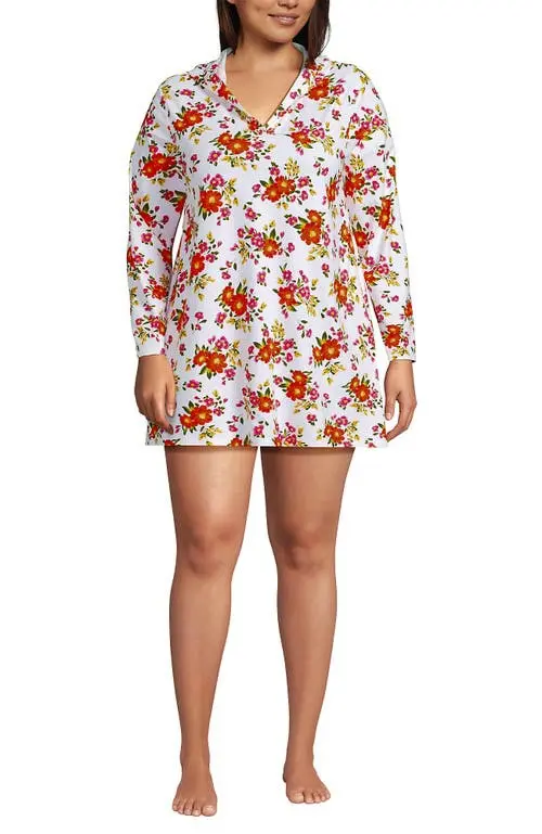 LANDS' END Cotton Jersey Long Sleeve Hooded Swim Cover-up Mini Dress - White Spring Floral