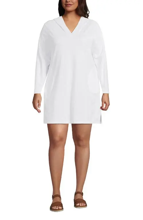 LANDS' END Cotton Jersey Long Sleeve Hooded Swim Cover-up Mini Dress - White