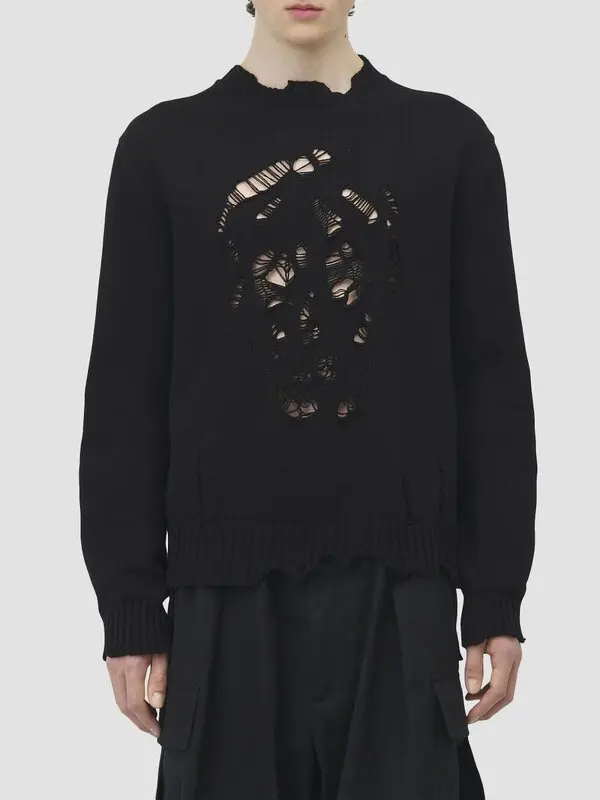 Alexander McQueen Distressed Skull Crewneck Cotton Sweater