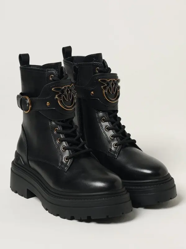 Pinko Leather Combat Boots With Buckle Detail - Black