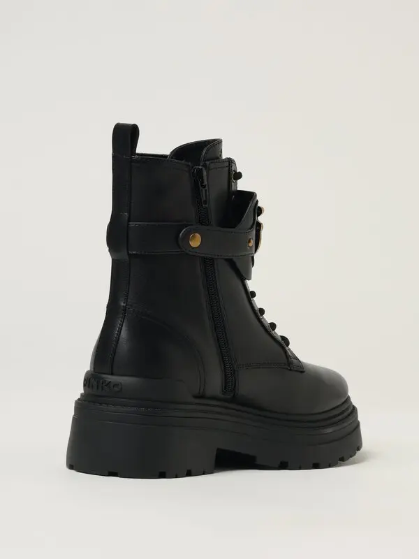 Pinko Leather Combat Boots With Buckle Detail - Black