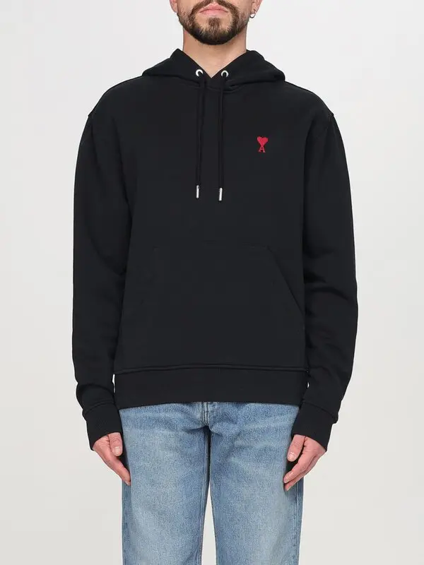 AMI Paris Cotton Hoodie With Embroidered Logo And Kangaroo Pocket - Black