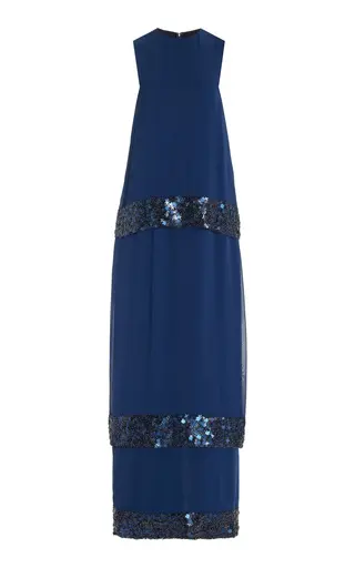 Delpozo Sequined Satin Gown - Navy