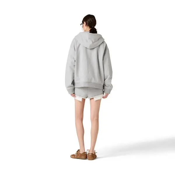 Miu Miu Cotton Fleece Shorts With Embroidered Logo And Raw-cut Hem
