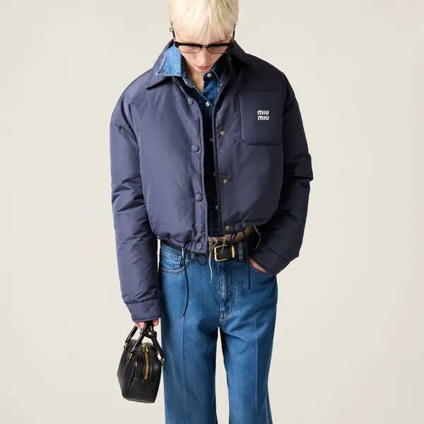 Miu Miu Technical Pongé Cropped Down Jacket - Navy | Editorialist