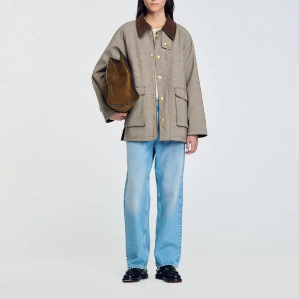 Sandro Checked Coat With Velvet Collar
