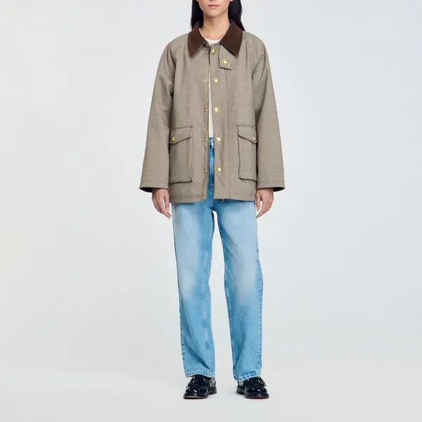 Sandro Checked Coat With Velvet Collar