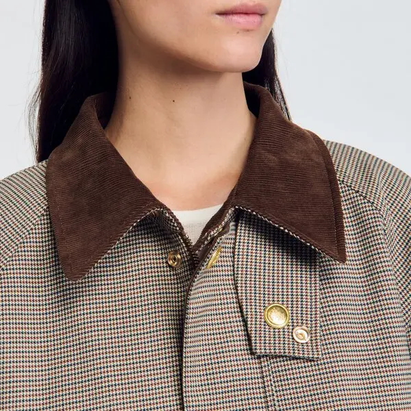 Sandro Checked Coat With Velvet Collar