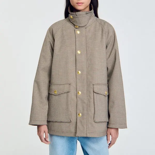 Sandro Checked Coat With Velvet Collar