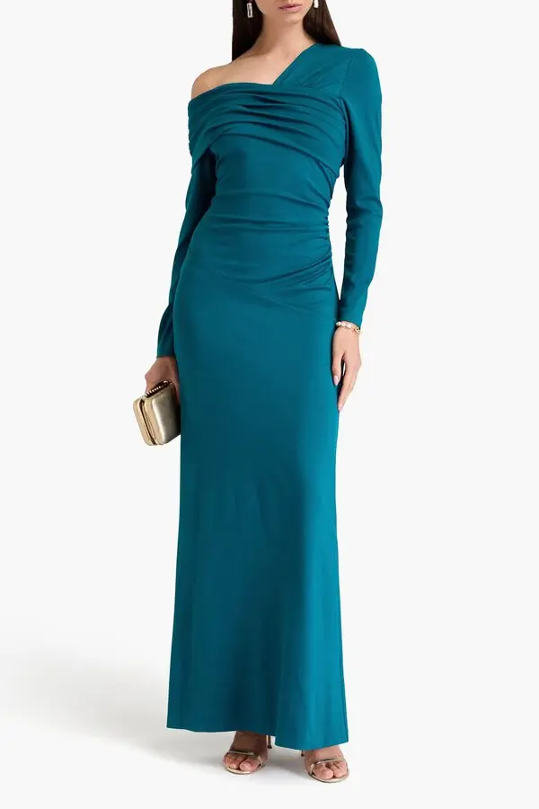 formal dress designs for women Deity Teal Embellished Asymmetric-Neck Maxi Dress With Open-Back – Club L  London main image 1