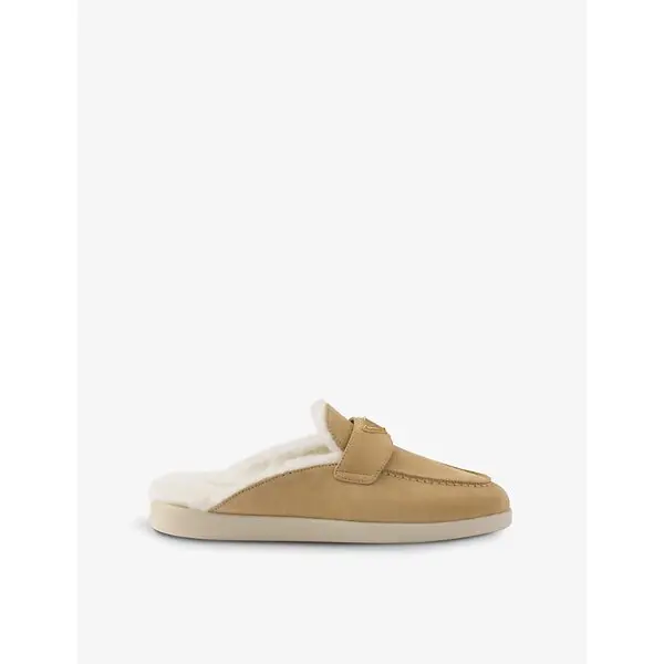 Prada Brand-plaque Suede And Shearling Mules - Neutral