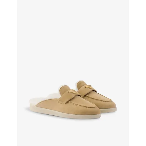 Prada Brand-plaque Suede And Shearling Mules - Neutral