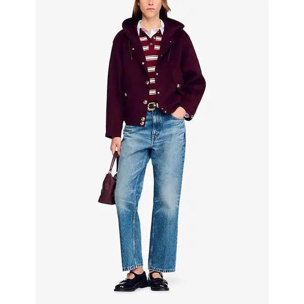 Sandro Button-down Hooded Wool Coat - Bordeaux