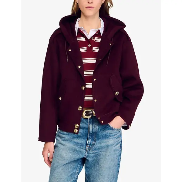 Sandro Button-down Hooded Wool Coat - Bordeaux