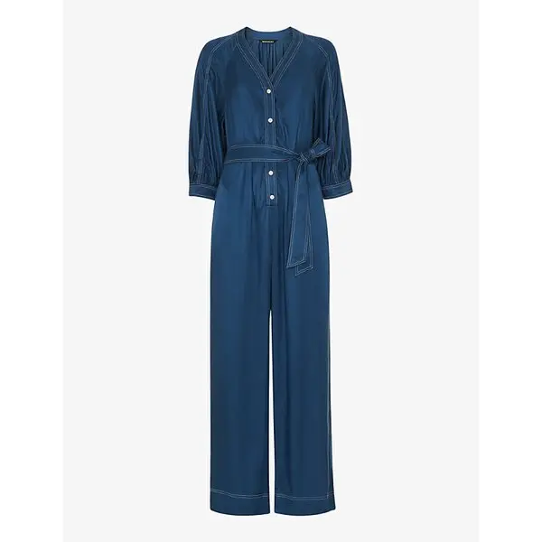 Whistles Mabel Topstitch V-neck Jumpsuit - Blue