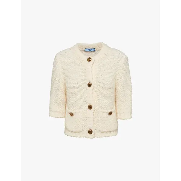 Prada Button-embellished Bouclé-textured Wool-blend Cardigan