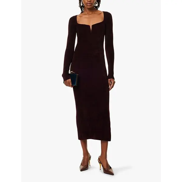galvan london ribbed-knit midi dress Freya Notched-Neckline Long-Sleeve Knitted In Oxblood - 50% Off color-infinity-light-olive-green