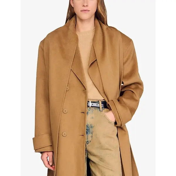 Sandro Relaxed-Fit Wool Coat With Integrated Scarf - Camel - 41